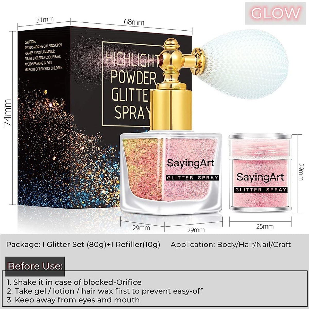 Pink Glow Sparkle Glitter Spray for Body Hair Skin Cloth Women, SayingArt Body Glitter Spray, 2 Hairspray Fine Cosmetic Shimmer Makeup Glitter for Rave Hair Body Face Clothes Nail Art Craft Design