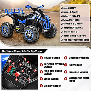 Soar Four Wheeler for Kids - Electirc Toddler 4 Wheeler for Kids 3-6, Ride on ATV 12v Battery Powered, Kids Quad with LED Lights, Music, High Low Speed, USB/TF, Treaded Tires, Blue