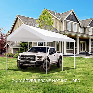 TGEHAP 10'x20' Carport Replacement Top Canopy Cover White for Car Garage Top Tarp Shelter Waterproof & UV Protected w/Ball Bungees (Only Top Cover, Frame is not Included)