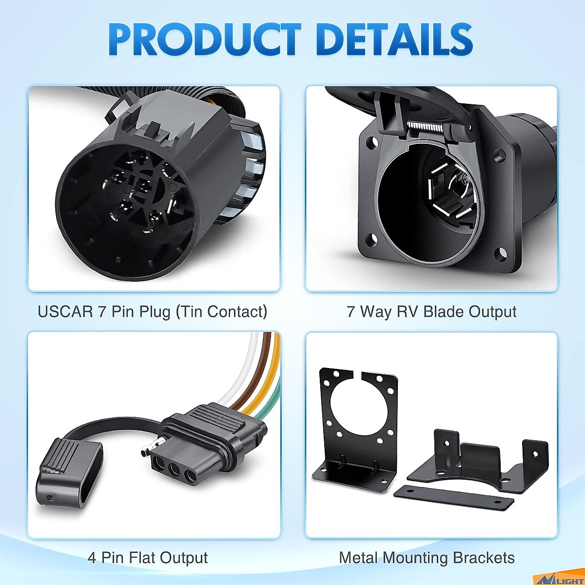 Nilight Dual Output Vehicle Side 7 Way RV Blade and 4Way Flat Wiring Harness Multi Tow 4Pin to 7Pin Electric Adapter for RVs Trucks Factory Tows Package USCAR 7Way Sockets Required