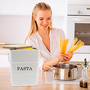 Gdfjiy Spaghetti Canister, White Metal Pasta Storage Container with Sealed Bamboo Lid & Portable Handle, Pasta Keeper Spaghetti Containers Storage for Pantry Organization