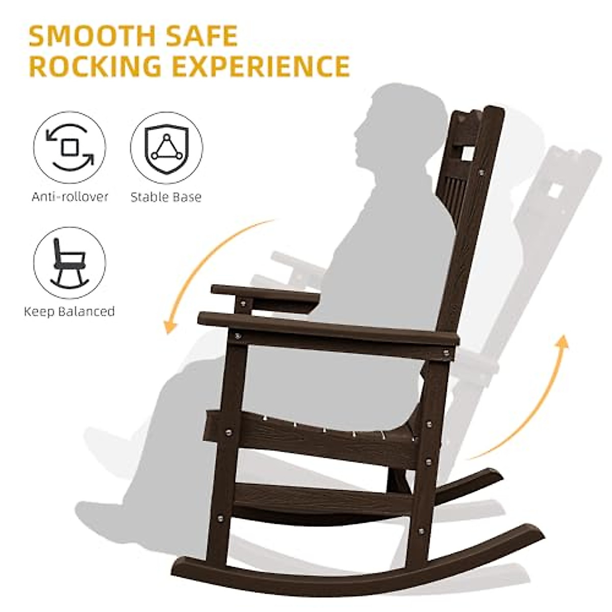 DWVO Patio Rocking Chair, All-Weather Resistant Outdoor Indoor Polyethylene Patio Rocker Chair with Cushion, Comfortable and Easy to Maintain Rocker for Balcony, Backyard and Living Room(Brown)