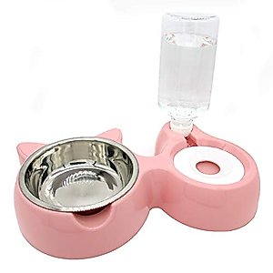 Double Bowl Water and Food Cat Feeder - Stainless Steel Bowl and Automatic Water Dispenser Bottle for Cats and Dogs