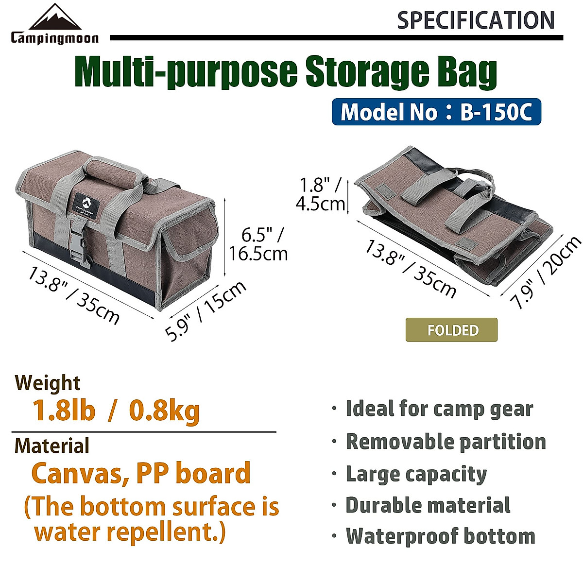 CAMPINGMOON 13.8-inch Bottom Waterproof Outdoor Camping Tent Stakes Hammer Multi-Container Storage Bag B-150C