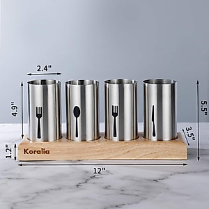 Koralia Home Stainless Steel Flatware & Silverware 3PC 4PC Organizer Organiser Cutlery Holder with Wood Base for Spoons, Forks, Knives – Ideal for Kitchen, Dining, and Much More (4PCS)