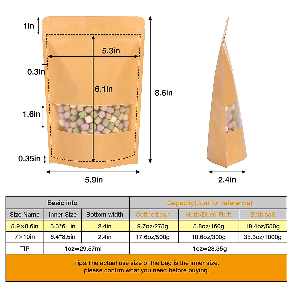 Moretoes 120pcs Kraft Bags with Window, Brown Resealable Bags, 5.9×8.6 Inches Stand Up Pouches, Coffee Bags, Sealable Bags for Packaging, Ziplock Stand Up Bags for Home or Business