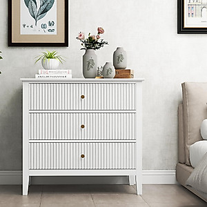RoyalCraft White Fluted 3 Drawer Dresser for Bedroom, Wide Chest of Drawers for Closet, Modern Wood Dresser Wide Nightstand Cabinet for Living Room
