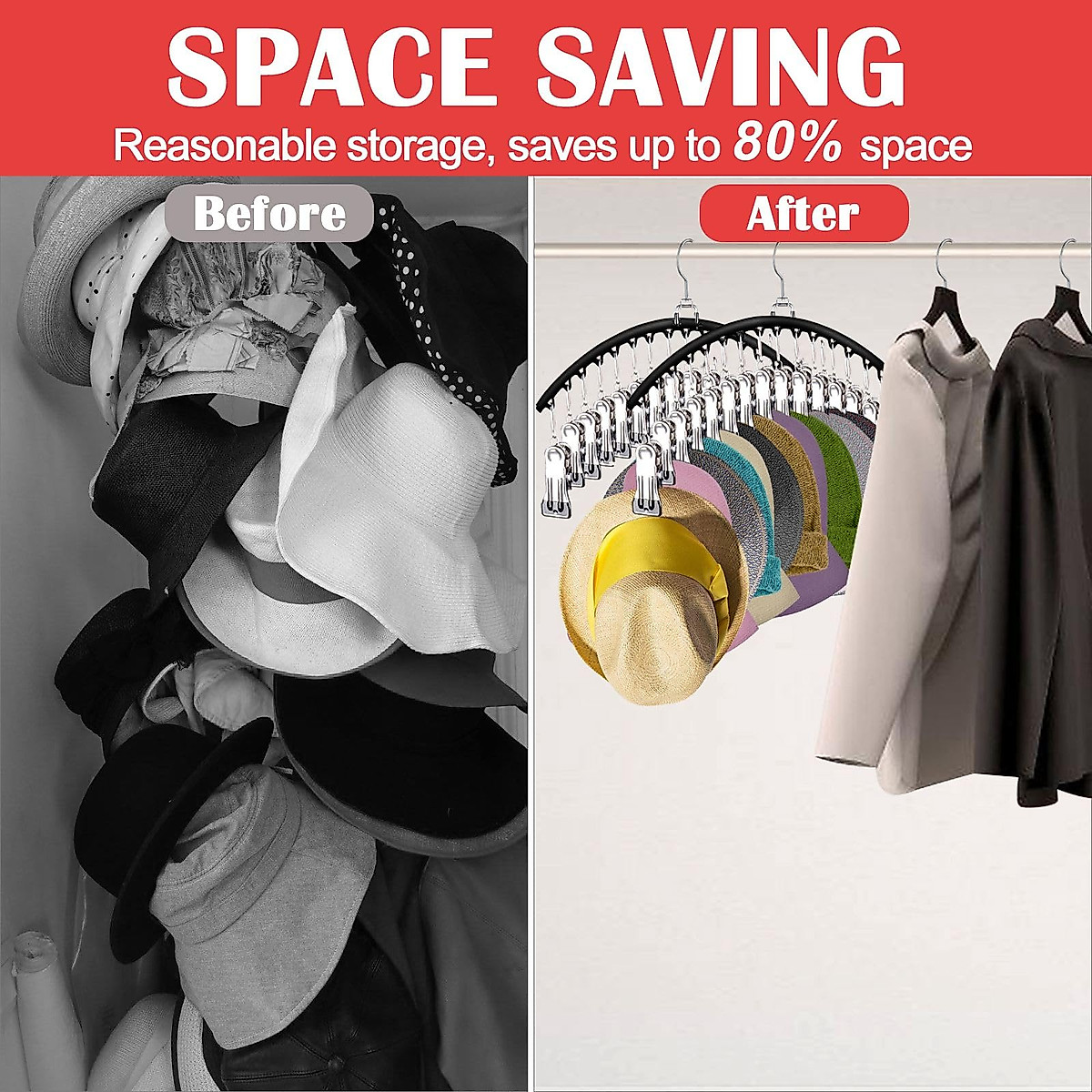 NAKBINX Hat Hanger for Closet, 2 Pack Metal Hat Organizer for Baseball Caps, 360° Rotation Hangers Space Saving with 30 Rubber Coated Clips, Foldable Hat Rack, Organizer&Display for Legging/Pant