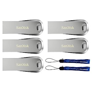 SanDisk Ultra Luxe 64GB USB 3.1 Flash Drive (Bulk 5 Pack) Works with Computer, Laptop, 150MB/s 64 GB PenDrive High Speed All Metal (SDCZ74-064G-G46) Bundle with (2) Everything But Stromboli Lanyards