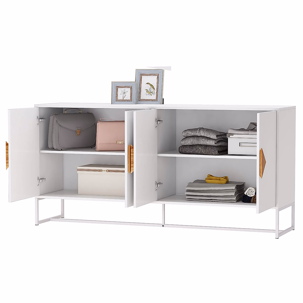 GLCHQ Sideboard Cabinet Kitchen Buffet Storage Cabinet Entryway Cupboard with Metal Legs and Solid Wood Square Handles for Kitchen Living Room Office Bedroom (4Doors and Double Storage)