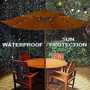 Blissun 9 ft Solar Umbrella 32 LED Lighted Patio Umbrella Table Market Umbrella with Tilt and Crank Outdoor Umbrella for Garden, Deck, Backyard, Pool and Beach, Brown