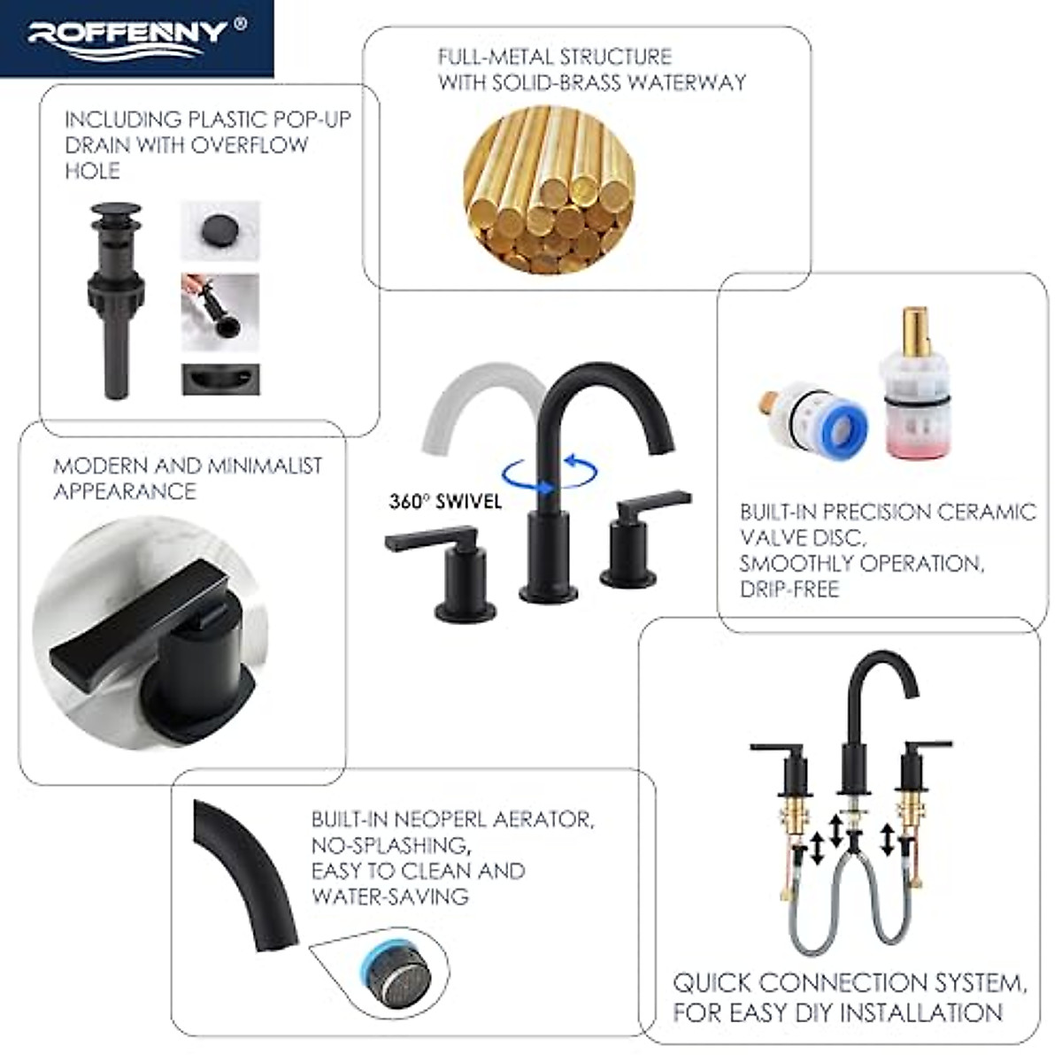 Roffenny 8 inch Widespread Bathroom Faucets, 2-Handle Matte Black Bathroom Sink Faucets for Sink 3 Holes, 360 Degree Swivel High-Arc Spout, 8 in Spread Bath Vanity Sink Faucet, with Pop Up Drain