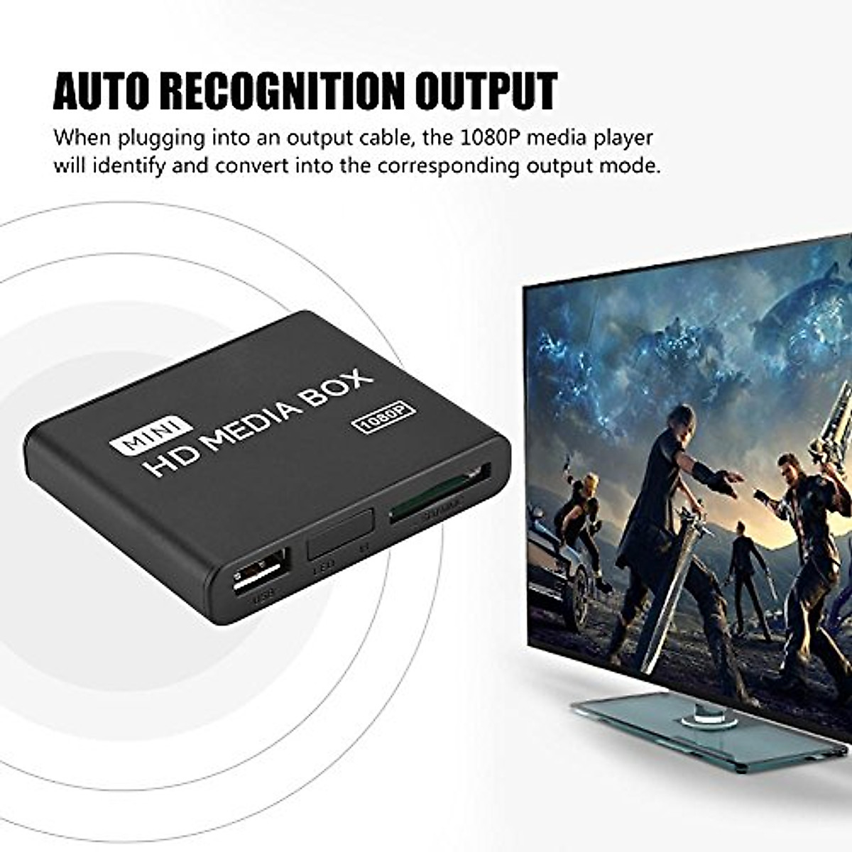 1080p HD Media Player, Mini MP4 Player Stereo Surrounding Sound with AV/HDMI/VGA/YPbPr Output with Remote Control Supports SD Cards and USB Drives Devices(US Plug)
