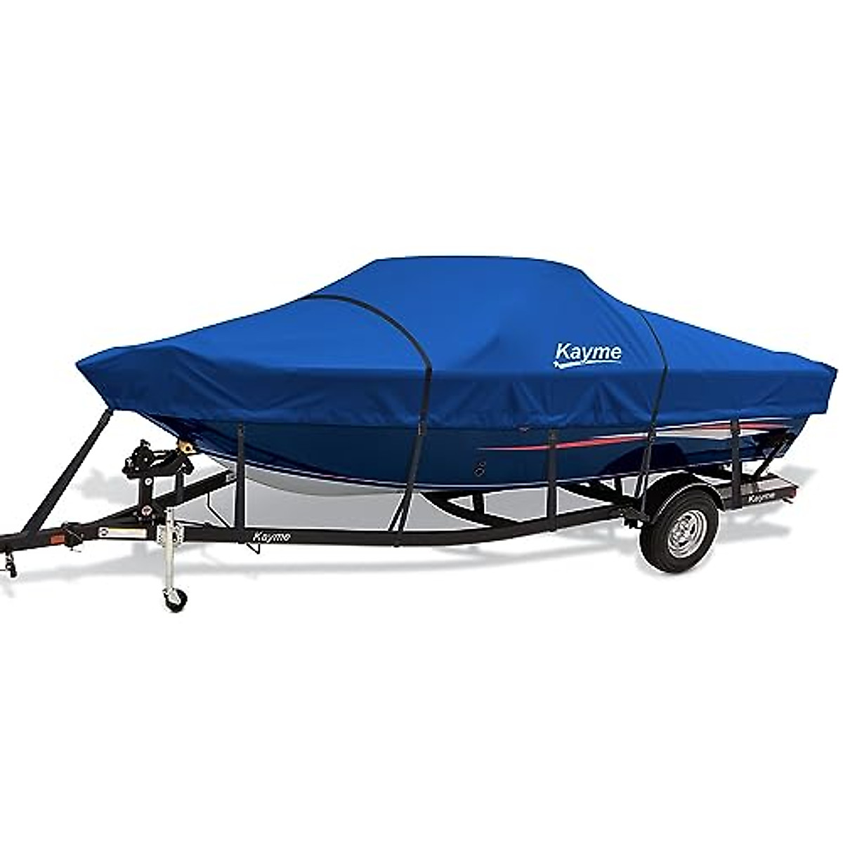 Kayme 600D Heavy Duty Boat Cover, Waterproof and Tear Resistant Boat Canvas, Tarps with Windproof Straps. Fit for V-Hull, Tri-Hull, Bass Boat, Fish & Ski Boat, Length 17'-19', Width up to 96".