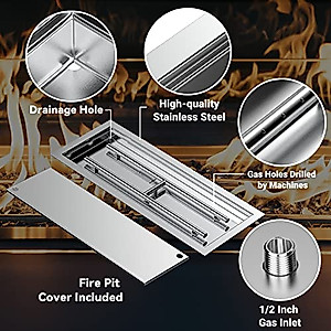 Skyflame Rectangular Stainless Steel Drop-in Fire Pit Pan and Burner with Burner Cover, 30 by 10 Inch Burning Area