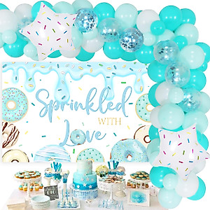 Donut Sprinkle Baby Shower Decorations, Sprinkled with Love Decorations, Blue Baby Sprinkle Balloon Garland Kit Backdrop for Boy Baby Shower Party Supplies