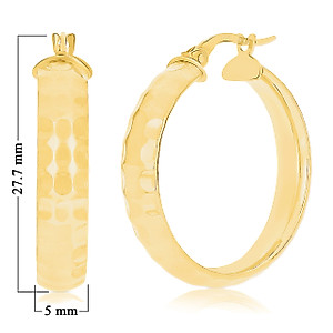 Italian 14k Yellow Gold Polished Hammered Flat Medium Hoop Earrings
