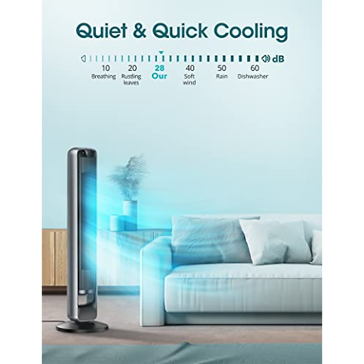 Tower Fan, 42” Portable Fan, 28dB Quiet and Quick Cooling, 90° Oscillation, 12 Speed Levels, 4 Wind Modes, Night Light, 12-Hour Timer, LED Display, Full Function Remote Control, for Home Bedroom