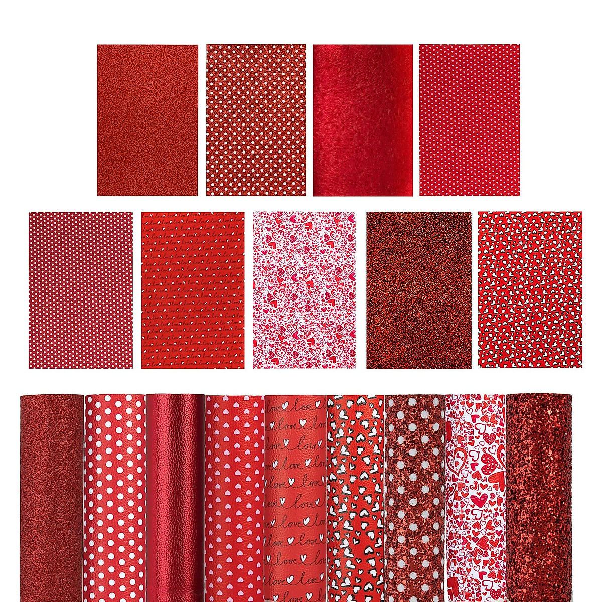 Whaline Valentine's Day Faux Leather Sheet Red Heart Love Pattern Synthetic Leather 7.87" x 11.81" Glitter Fabric Crafts for Earring Hair Bow DIY Crafts Making Holiday Anniversary Decor, 9 Sheet