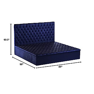Meridian Furniture Bliss Collection Modern | Contemporary Velvet Upholstered Bed with Deep Button Tufting and Storage Compartments in Rails and Footboard, Queen, Navy