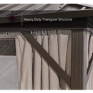 LUCKYBERRY 10' X 12' Outdoor Hardtop Galvanized Steel Roof Double Top Permanent Gazebo Canopy Curtains Aluminum Frame Patio Garden Gazebo with Netting