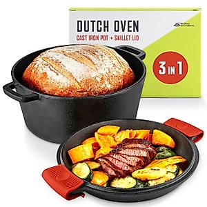 Cast Iron Dutch Oven Pot with Lid, 3-in-1, 5 Quart Cast Iron Dutch Oven with Cast Iron Skillet Lid, Cast Iron Pot with Lid, Preseasoned Cast Iron Pots and Pans Set, RV or Lodge Camping Cast Iron Set