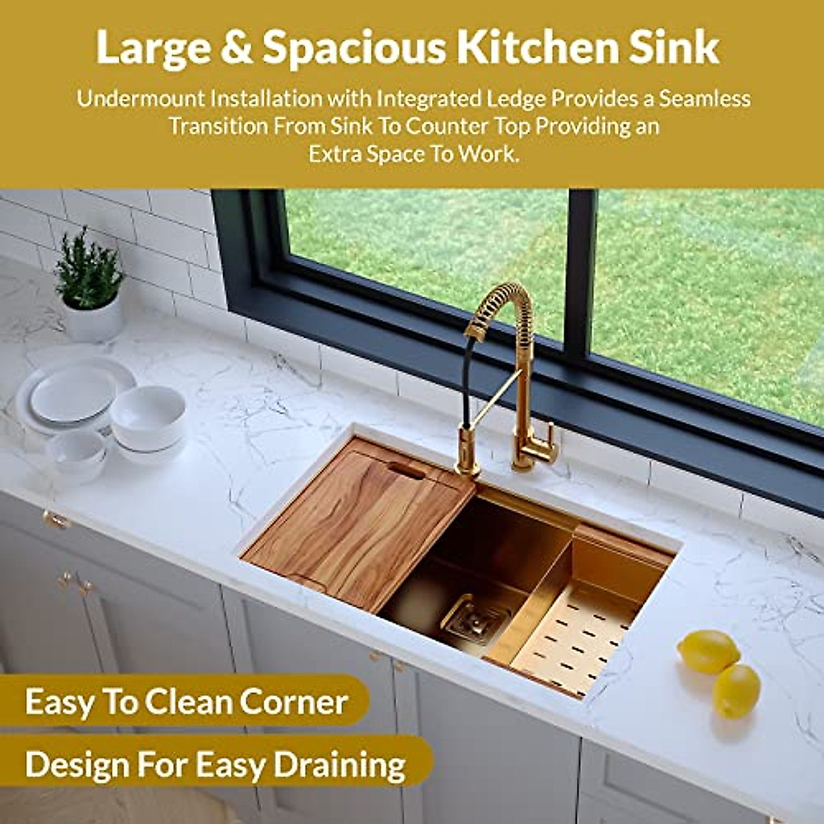 STRICTLY SINKS 32” Gold Work Station Kitchen Sink Undermount Accessory Shelf Single Bowl Square Drain Stainless Steel 90 Degree Radius 16 Gauge–With Single Square Disposal Adapter
