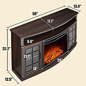 AMERLIFE Curved Fireplace TV Stand with 26" Curved Electric Fireplace, Media Entertainment Center Farmhouse Glass Door Storage Cabinet, Open Shelve Console Table for TVs up to 65", Espresso