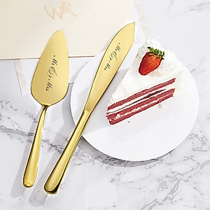 AW BRIDAL Gold Cake Cutting Set for Wedding, Mr Mrs Wedding Cake Knife Cake Pie Pastry Servers Gifts for Couples Wedding, Birthday, Parties and Events