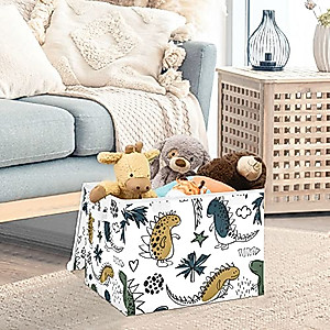 innewgogo Dinosaurs White Storage Bins with Lids for Organizing Foldable Storage Box With Lid with Handles Oxford Cloth Storage Cube Box for Study Room