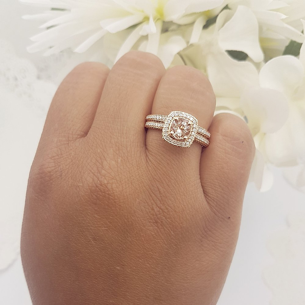 Dazzlingrock Collection 14K Round Morganite & White Diamond Bridal Split Shank Halo Engagement Ring Set, Rose Gold, Size 7