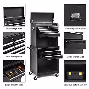 Goplus 6-Drawer Rolling Tool Chest, 3-in-1 Tool Box Organizer w/Auto Locking System & Lockable Wheels & Sliding Drawers & Detachable Top, Tool Storage Cabinet for Garage Workshop (Black)