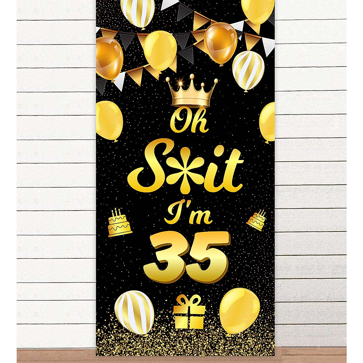 Oh S*it I’m 35 Happy 35th Birthday Banner Backdrop Crown Balloons Confetti Cheers to 35 Years Old Bday Theme Decorations Funny Birthday Decor for Women Men 35th Birthday Party Supplies Black and Gold