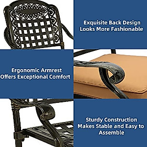 ONLYEAH 5 Pieces Outdoor Furniture Dining Set, All-Weather Cast Aluminum Round Patio Table with Umbrella Hole and 4 Cushioned Dining Chairs for Patio Garden Deck, Retro Pattern Design