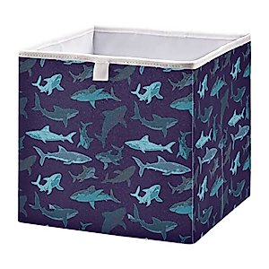 DOMIKING Little Shark Vector Collapsible Fabric Storage Cubes Bins with Handles Square Closet Organizer Waterproof Lining for Home Office Bedroom 11.02x11.02x11.02 Inches
