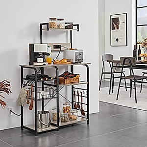 Yaheetech Bakers Rack with Power Outlet, 4-Tier Microwave Stand Cart Coffee Bar with Wire Basket and Wine Storage, Freestanding Kitchen Organizer Rack with 10 Hooks, Gray