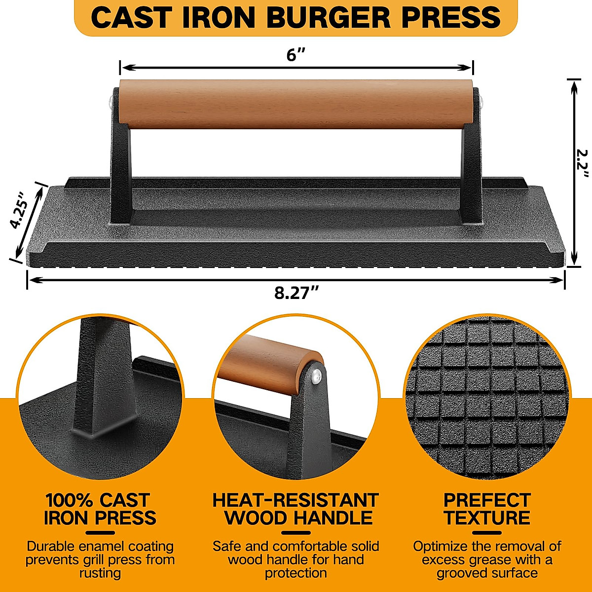 Yoehka Cast Iron Grill Press-2PCS, Heavy Duty Bacon/Burger/Griddle/Chef Press with Wood Handle, Perfectly Grilled Steak,Meat,Sandwich,Panini, 2.25lbs Cooking Weight,Rectangle(8.27"×4.25"×3.35”in)