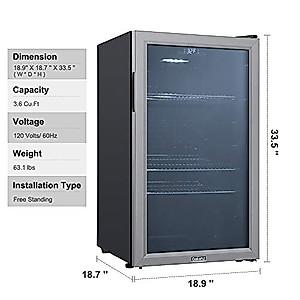 Galanz Beverage Refrigerator Cooler - 130 Can Mini Fridge with Reversible Glass Door & Adjustable Shelves for Soda Beer or Wine - Small Refrigerator for home office or Bar Stainless steel GLB36MS2F07