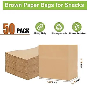 Brown Paper Bags for Snacks,50 Pack, Greaseproof Kraft Paper Bags, Recyclable, and Biodegradable, Small Brown Paper Bags For Popcorn, Cookies, Fries, Crafts, Gift Wrapping Bag in Bulk
