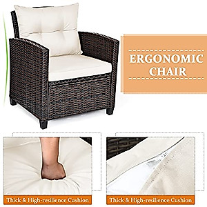 HAPPYGRILL 3 Pieces Patio Conversation Set Outdoor Rattan Wicker Bistro Sofa Set Patio Furniture Set with Washable Chair Cushions and Tempered Glass Top Coffee Table, White