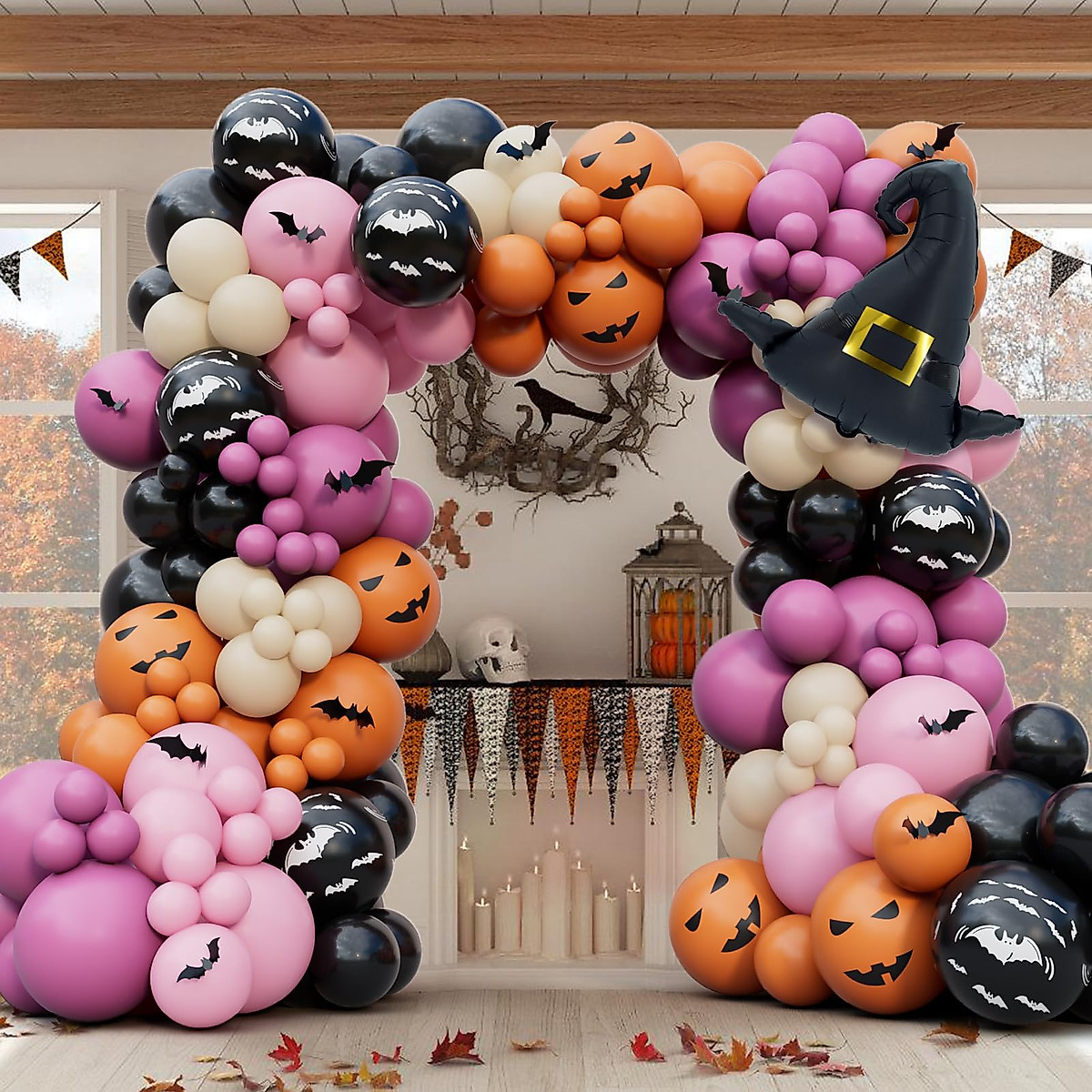 196Pcs Halloween Balloons Garland Arch Kit with Spider Ghosts Foil Balloons Pink Black Orange Sand White Balloons for Kids Halloween Spooky Costume Party Decorations