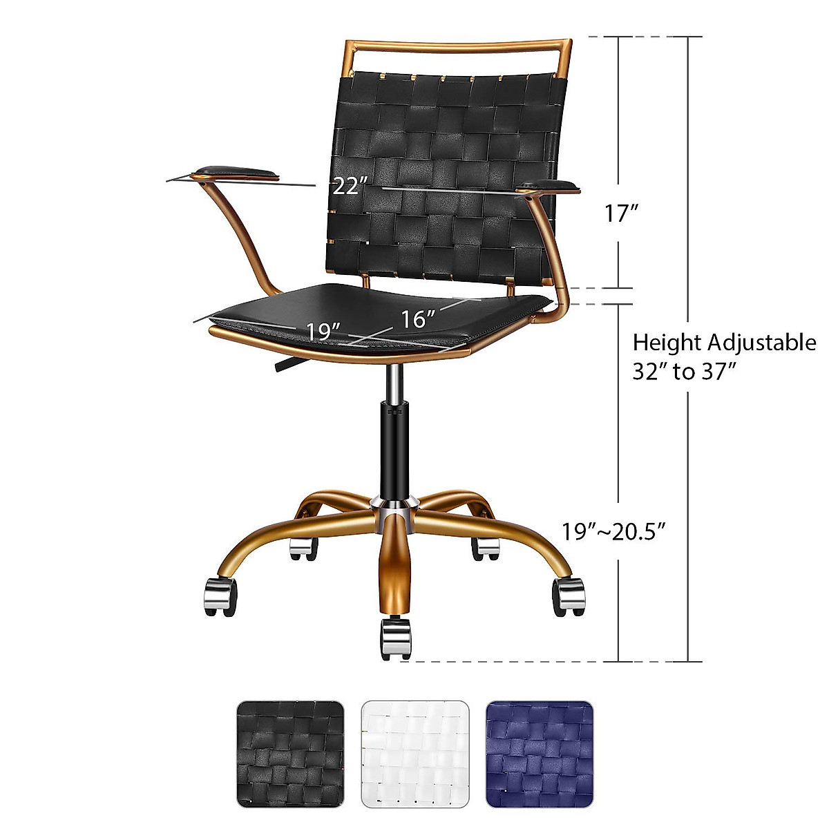 LUXMOD Home Office Chair Ergonomic Vegan Leather Swivel Chair, Black Office Chair Reception Chair Black and Gold Desk Chair, Ergonomic Desk Chair for Extra Back & Lumbar Support - Black & Gold