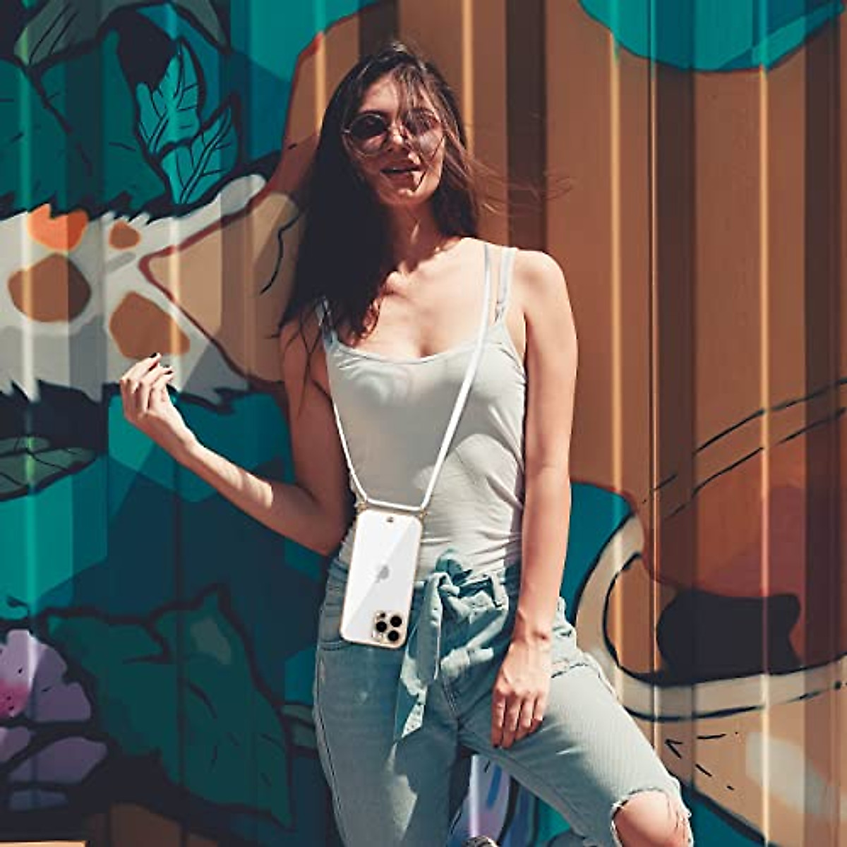 ZTOFERA Crossbody Phone Case for iPhone 14 Pro Max, Clear Protective Case for Girls Adjustable Detachable Lanyard Gold Edge Silicone Bumper Back Case for iPhone 14 Pro Max - White