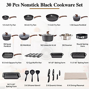 30 Piece Pots and Pans Set Non Stick, Granite Induction Cookware Sets, Nonstick Kitchen Cookware Sets, Non Toxic Cookware Set with Frying Pans and Saucepan, Kitchen Pots and Pans Set, Black