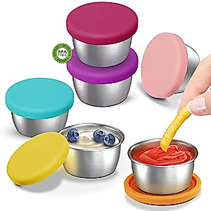 GDDGCUO Salad Dressing Container To Go, 1.7 oz Condiment Container with Lids, Sauce Containers for Lunch Box, Leakproof Silicone Lid, Easy Open, 304 Stainless Steel Small Dipping Sauce Cups (6 pk)