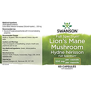 Swanson Lion's Mane Mushroom - 60 Capsules, 500mg Each