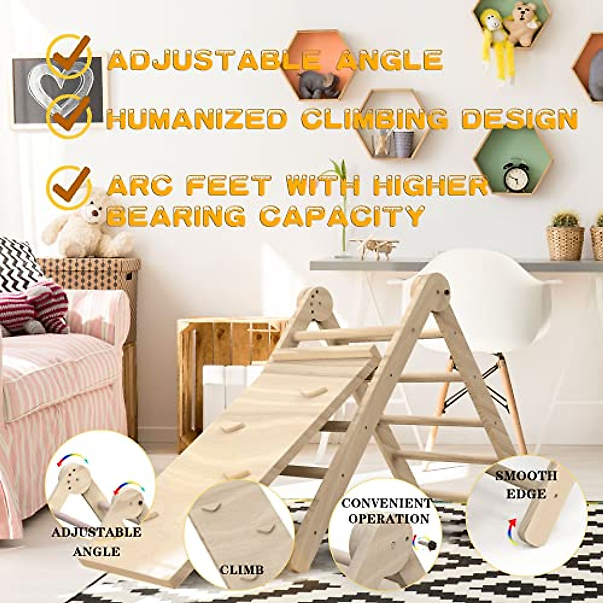 BENKRYFREJA Beech Pikler Triangle Set, Folding Baby Climbing Toys for Toddlers 1-3, Triangle with Ramp and Slide, Adjustable Angle Toddler Climbing Toys Indoor, Stable Wooden Montessori Jungle Gym