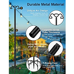 Karjoefar String Light Poles for Outside, 9FT Metal Poles for Outdoor String Lights, Patio Light Pole with 7-Prong and 2 Hooks for Backyard Garden Bistro Deck Party Holiday - 2Pack