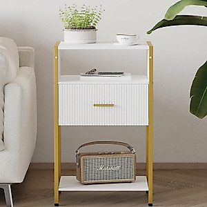 JOONEE White and Gold Nightstand, Modern Side Table with Fluted Drawer, Tall Night Stand with 3 Storage Shelves for Living Room, Bedroom