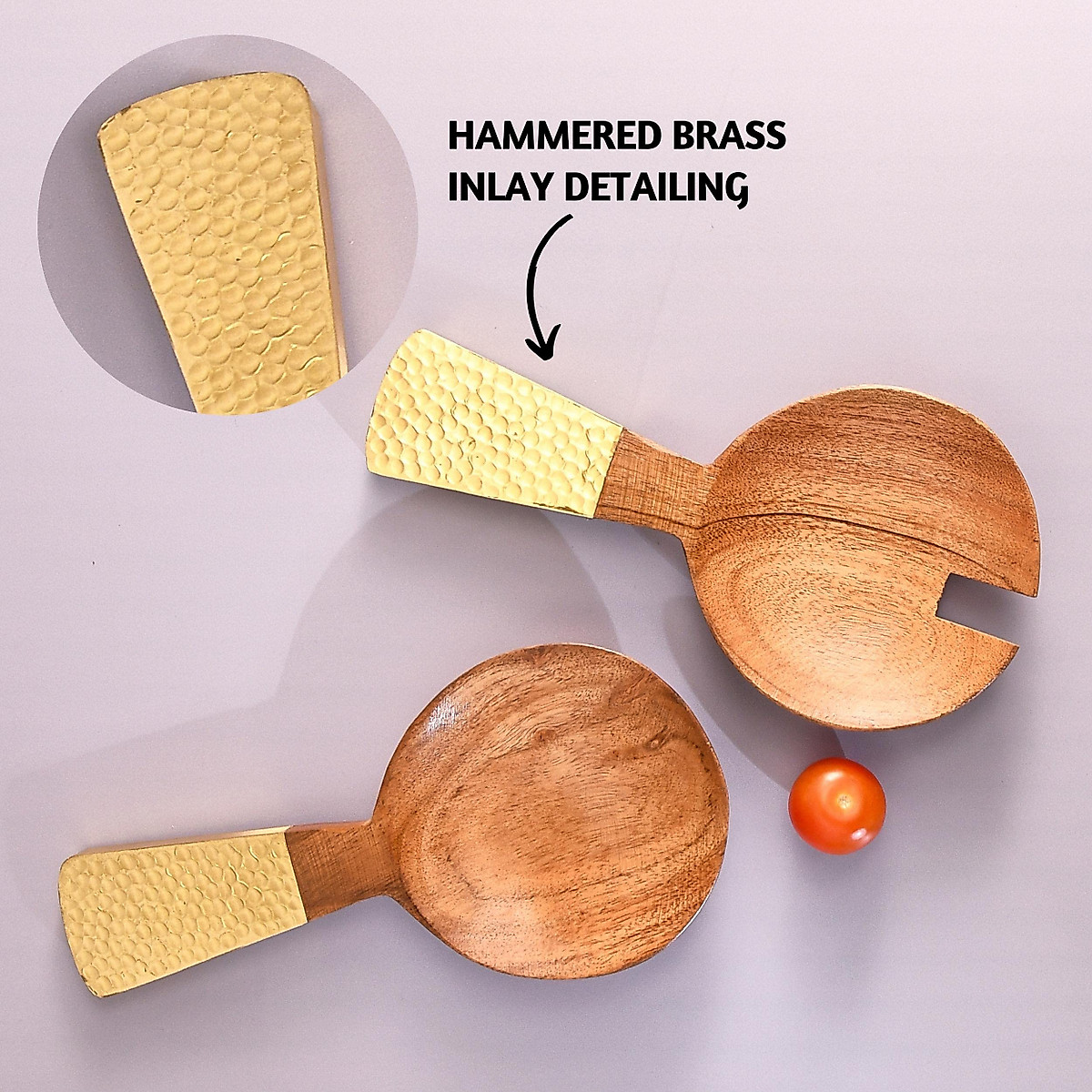 Folkulture Salad Hands or Salad Servers, Set of 2 Salad Claws for cooking, Kitchen Utensils or Serving Spoons, Wooden Salad Tongs 8 X 4 Inch Spoon and Fork Set (Acacia Wood with Hammered Brass)